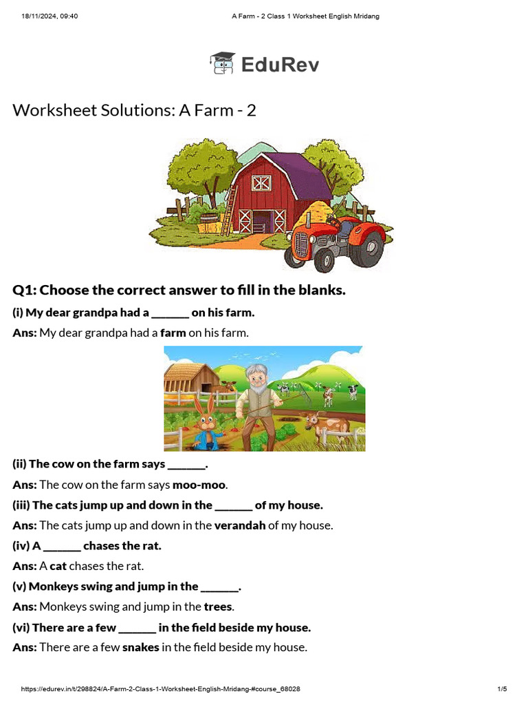 A Farm - 2 Class 1 Worksheet English Mridang ANS | PDF | Birds ...
