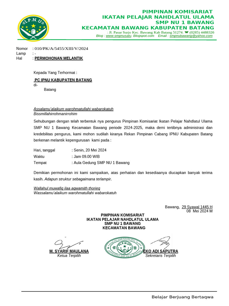 Surat Permohonan Pelantikan Ipnu | PDF