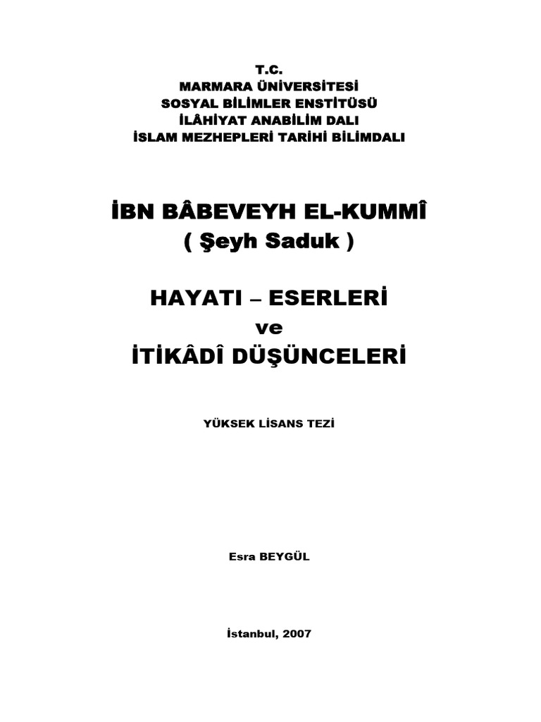 İbn Bâbeveyh El-Kummî (Şeyh Saduk) Hayati - Eserleri Ve İtikâdî ...