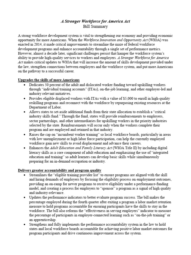 A Stronger Workforce For America Act | PDF | Employment | Workforce