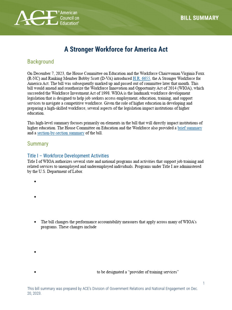 A Stronger Workforce For America Act ACE | PDF | Employment