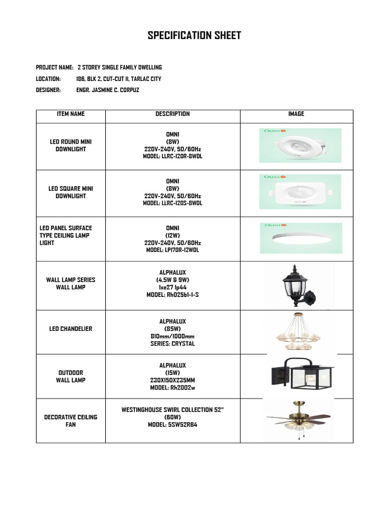 Specification Sheet for Home Appliances | PDF | Electrical Engineering ...