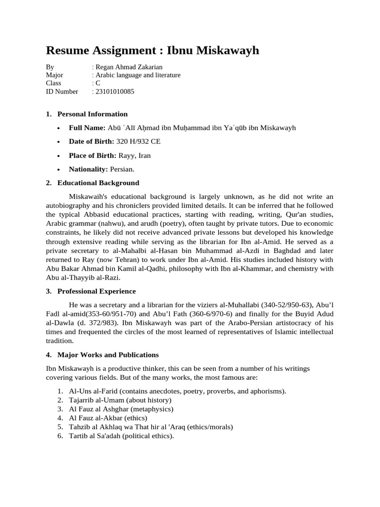 Resume Ibnu Miskawyh - Regan Ahmad Z - 23101010085 - C - BSA | PDF ...
