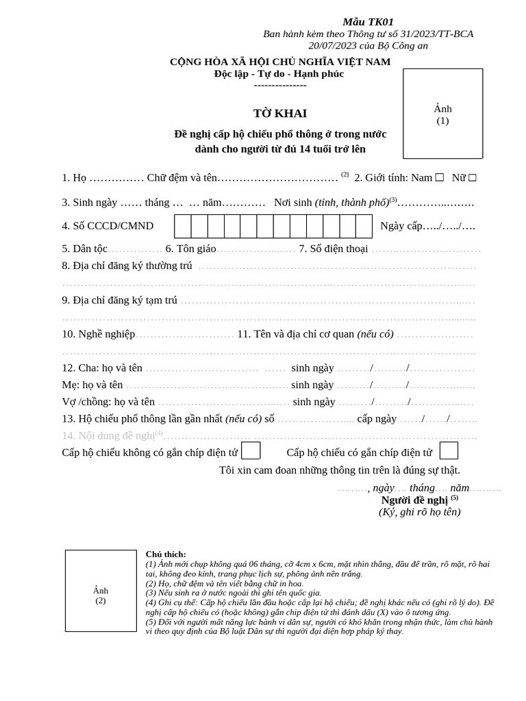 Tờ Khai: Cộng Hòa Xã Hội Chủ Nghĩa Việt Nam Độc lập - Tự do - Hạnh phúc | PDF