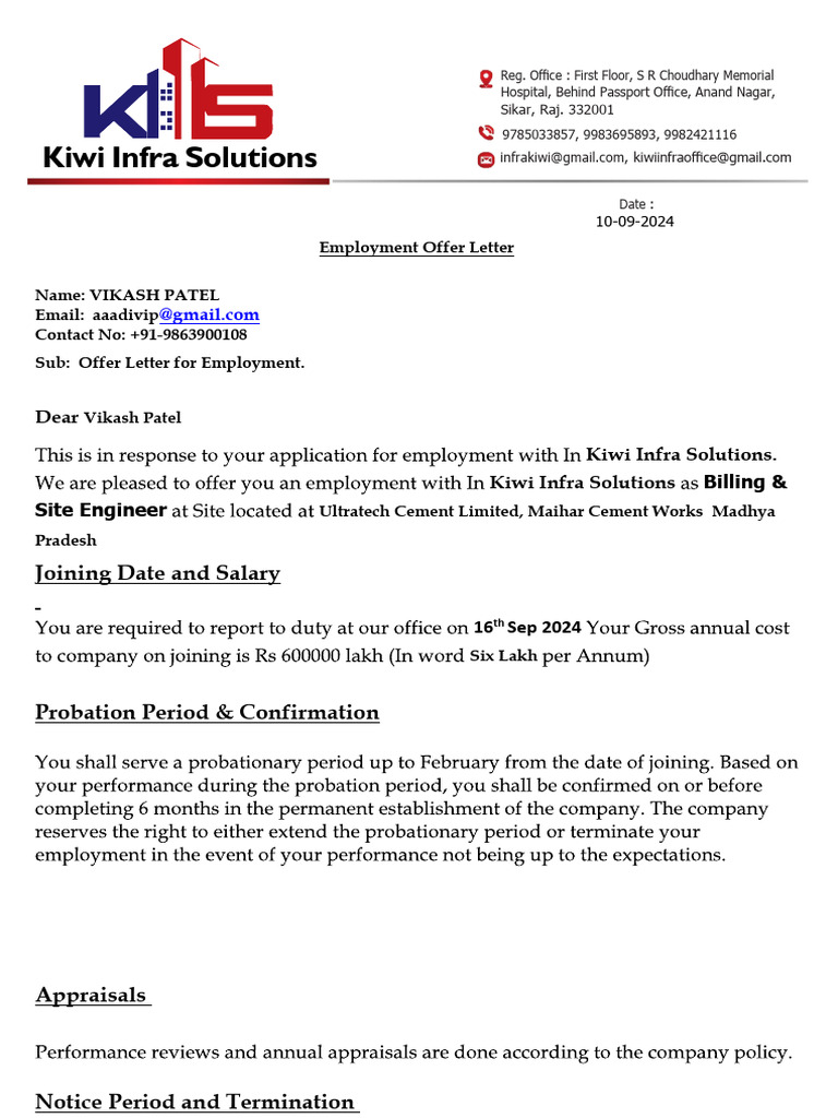 Vikash Patel Offer Letter | PDF