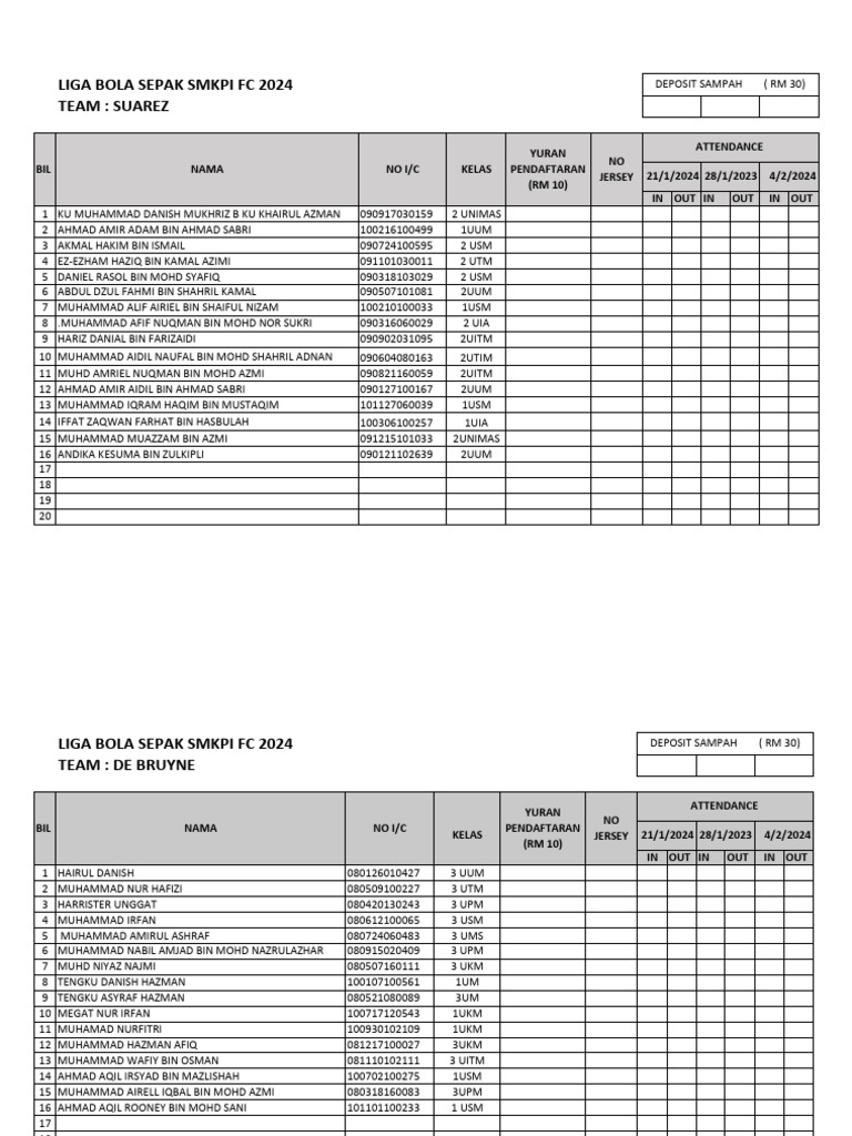 Liga Smkpi FC Attandance Sheet'-3 | PDF