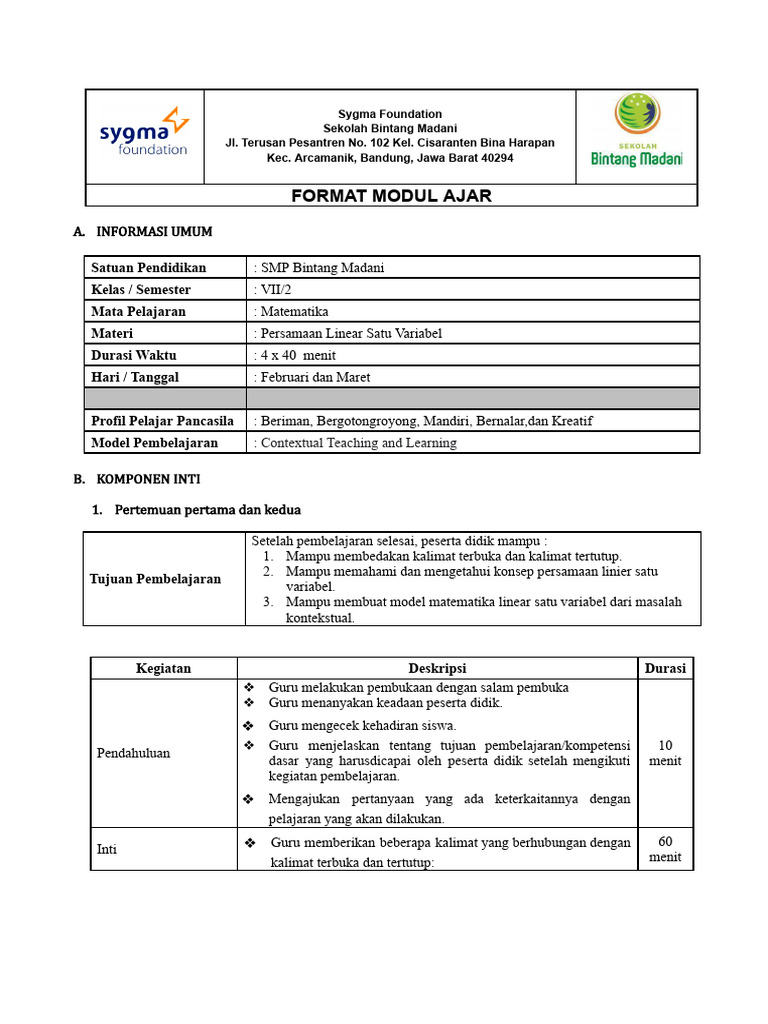 Contoh Modul Ajar - Kelas 7 - PLSV | PDF