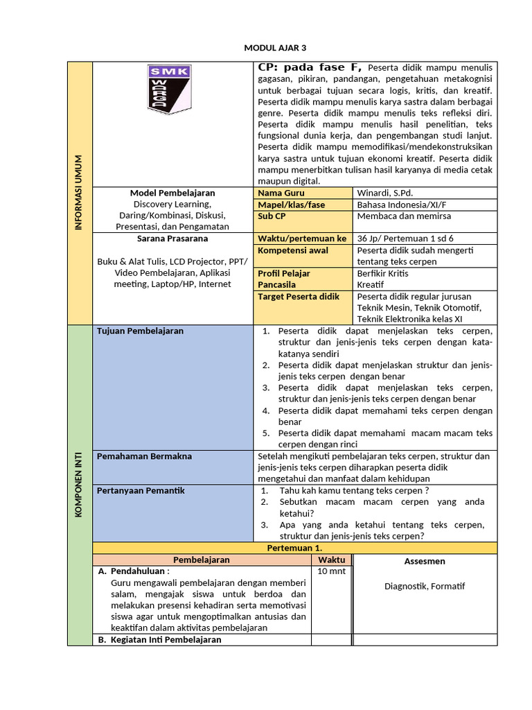 Modul Ajar Bindo - Winardi SMT Ii 03. Resensi Karya Sastra-Final | PDF