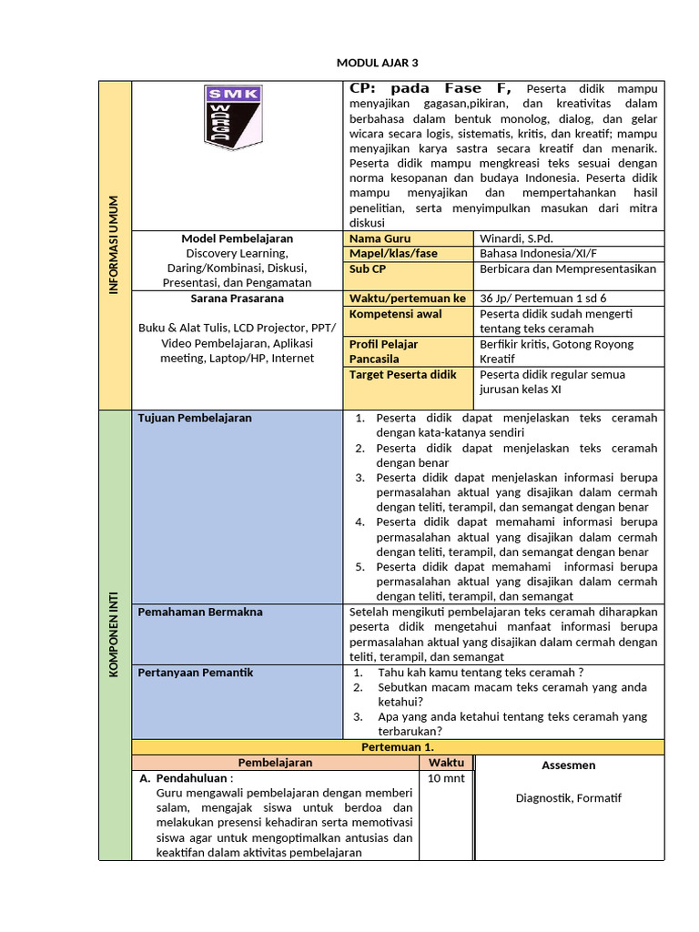 Modul Ajar Bindo - Winardi SMT I 03. Ceramah-Final | PDF