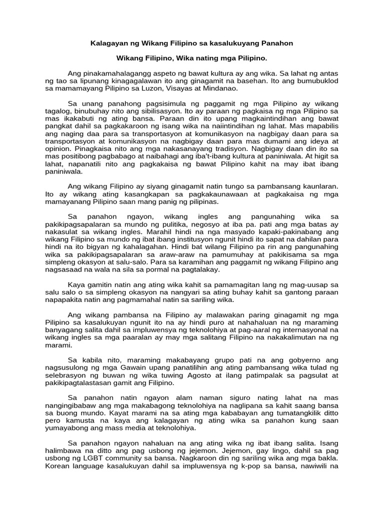 Kalagayan NG Wikang Filipino Sa Kasalukuyang Panahon | PDF Kalagayan NG Wikang Filipino Sa Kasalukuyang Panahon | PDF