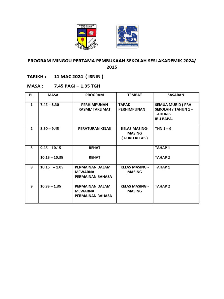 Program Minggu Pertama Pembukaan Sekolah Sesi Akademik 2024 | PDF