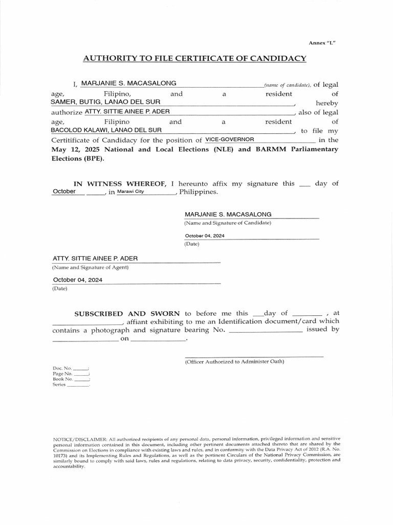 Authority To File Candidacy | PDF | Data Management | Government