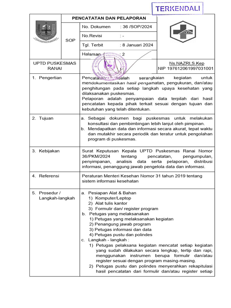 Sop Pencatatan Dan Pelaporan OK | PDF