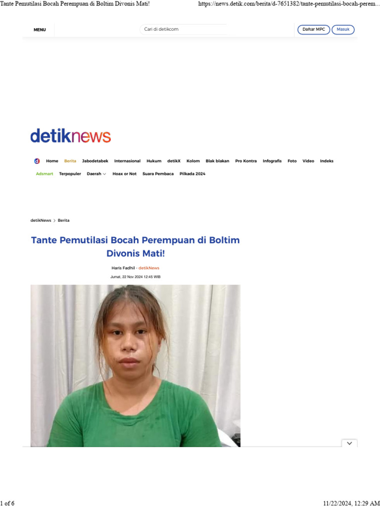 Tante Pemutilasi Bocah Perempuan Di Boltim Divonis Mati! | PDF