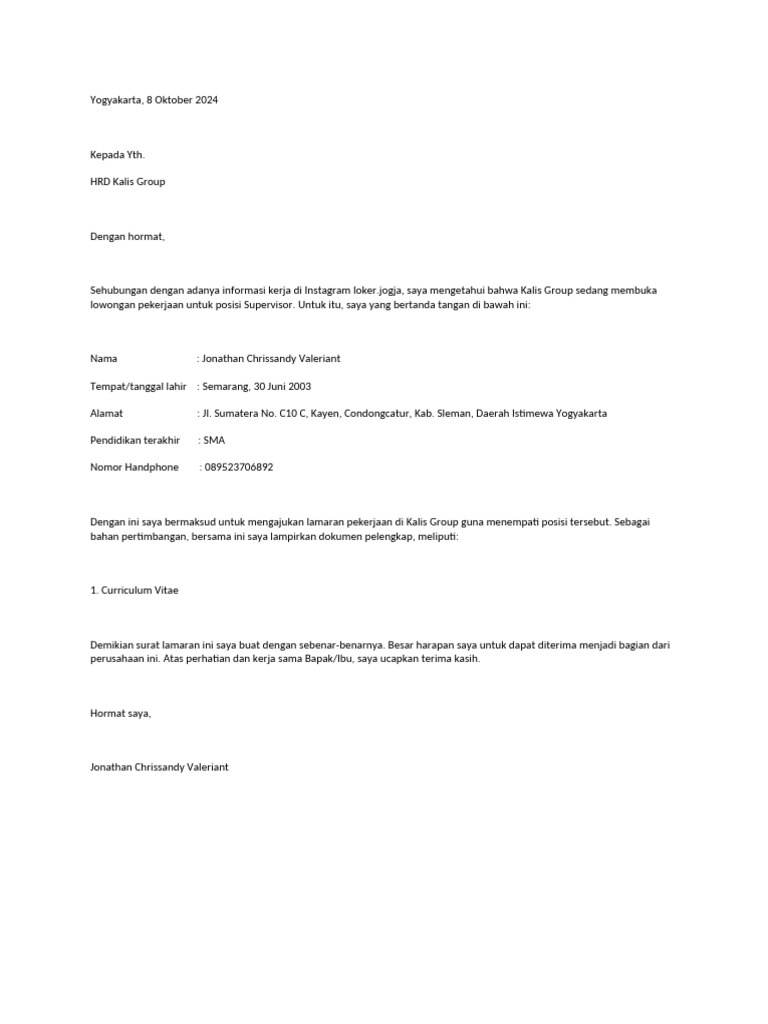 Lamaran Pekerjaan Supervisor Kalis Group | PDF