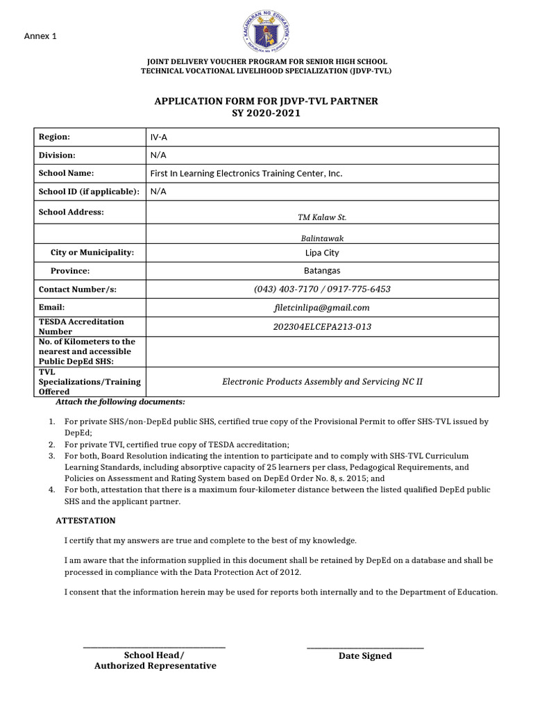 JDVP-TVL Application Form for Schools | PDF | Career & Growth | Computers