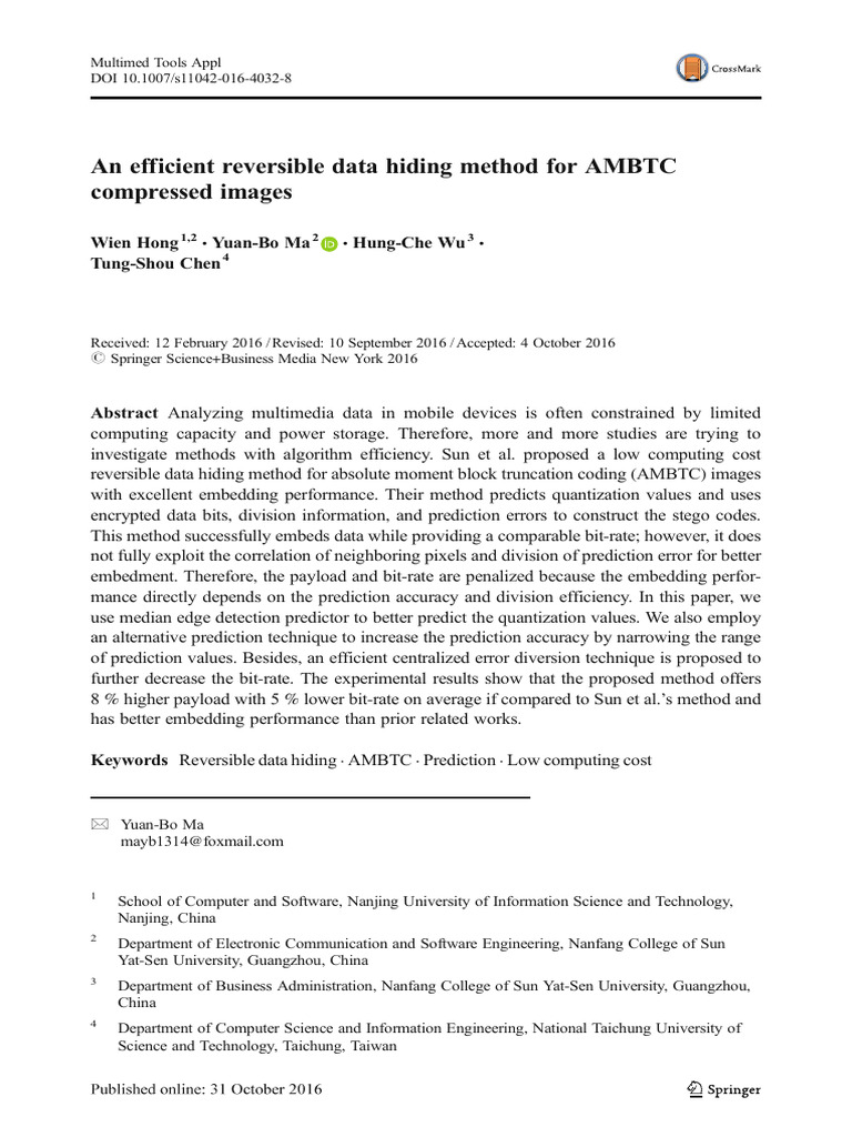2018 Springer An Efficient Reversible Data Hiding Method For AMBTC Compressed Images | PDF ...