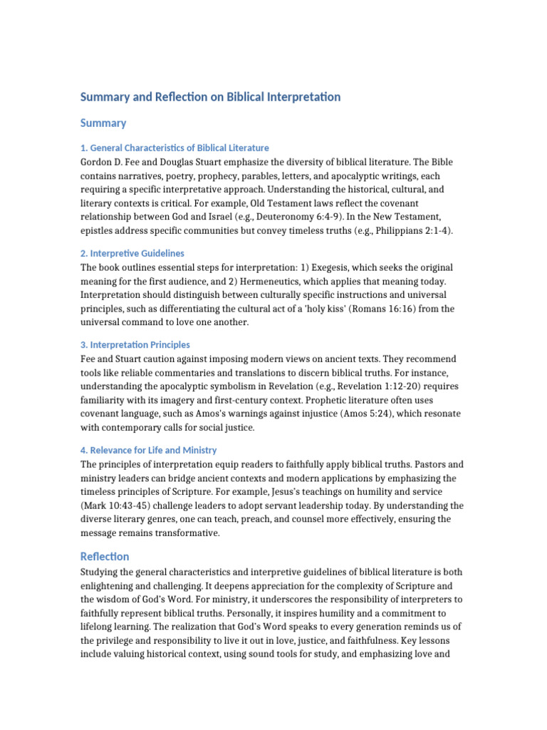 Biblical Interpretation Summary Reflection | PDF | Bible | Biblical ...