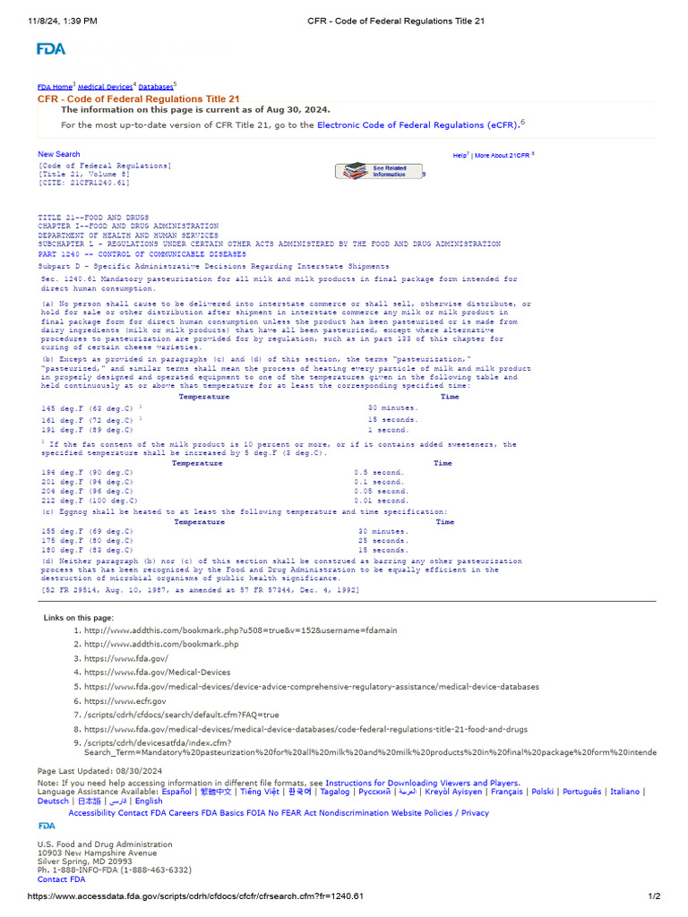 Referensi Pasteurisasi CFR - Code of Federal Regulations Title 21 | PDF | Milk | Code Of Federal ...
