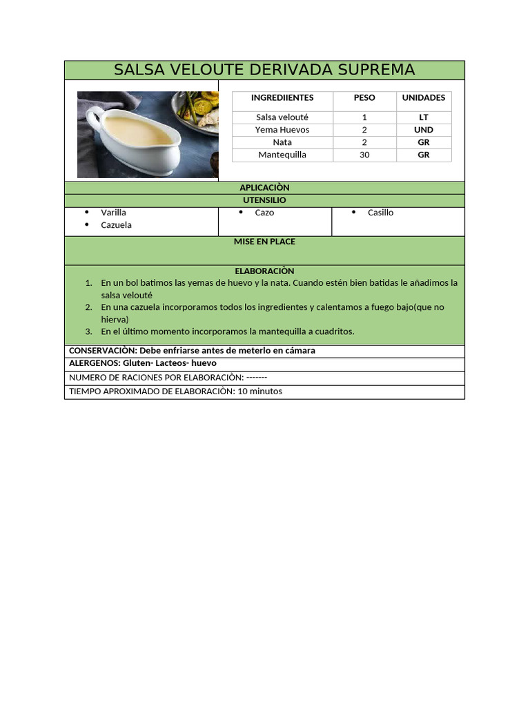 Salsa Velouté Derivada Suprema Receta | PDF