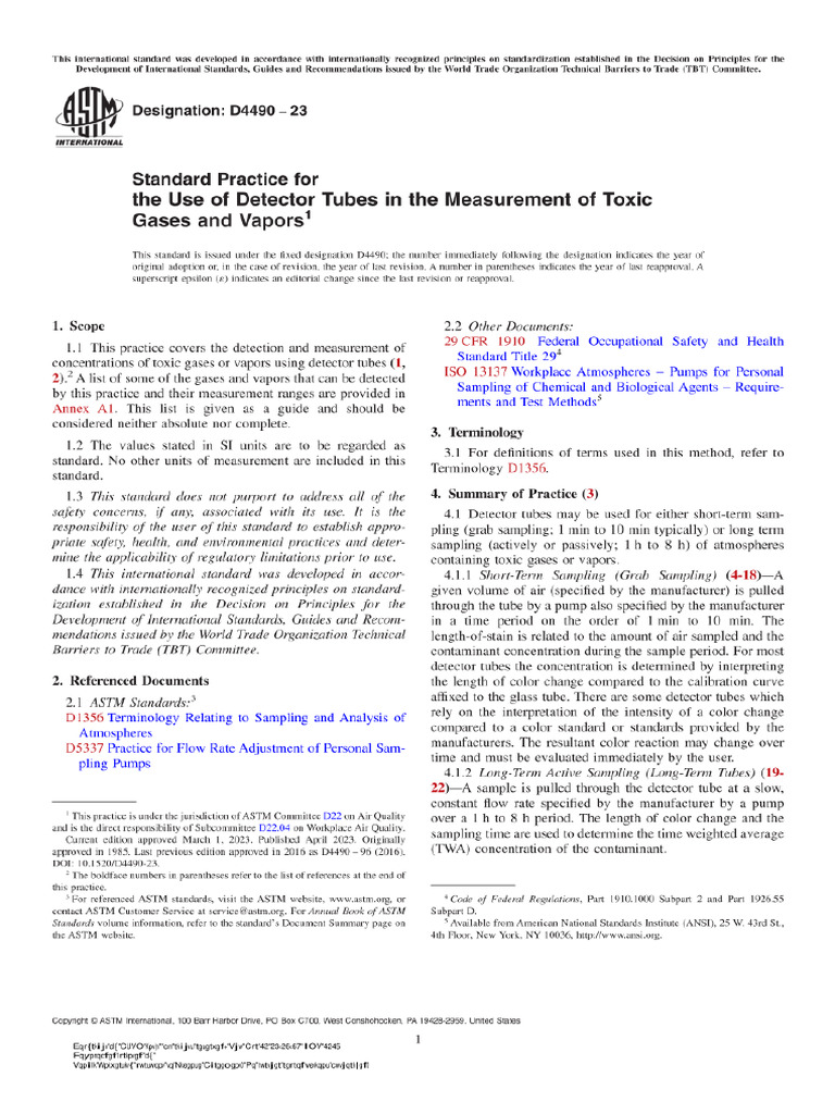 ASTM D4490-23 Standard Practice For The Use of Detector Tubes in The ...