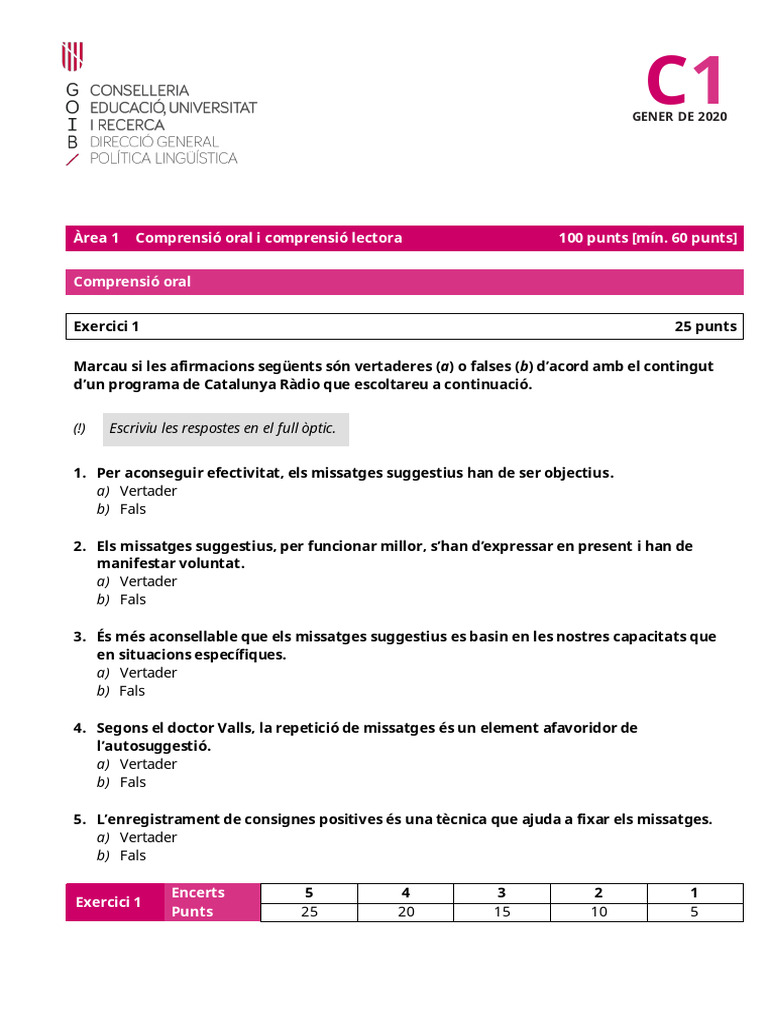 Prova C1 Gener 2020+ Solucionari | PDF