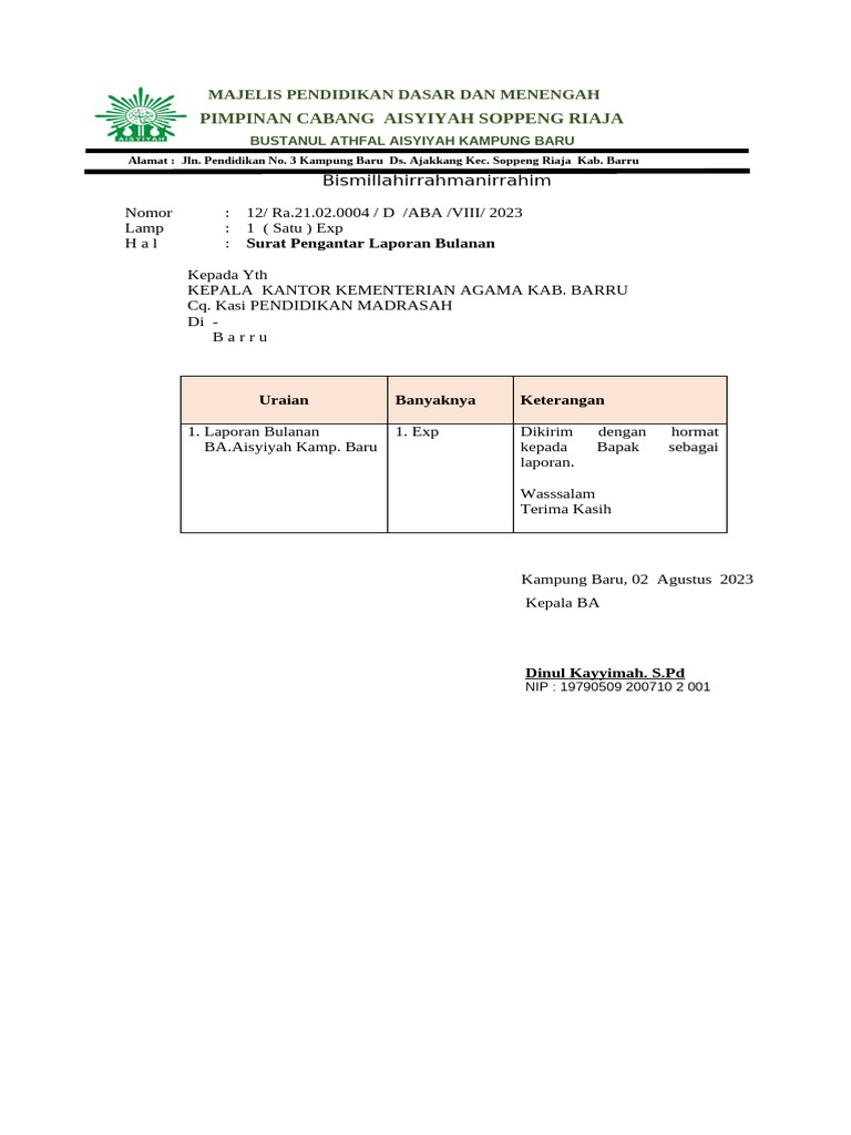 Surat Pengantar Lap. Bul | PDF