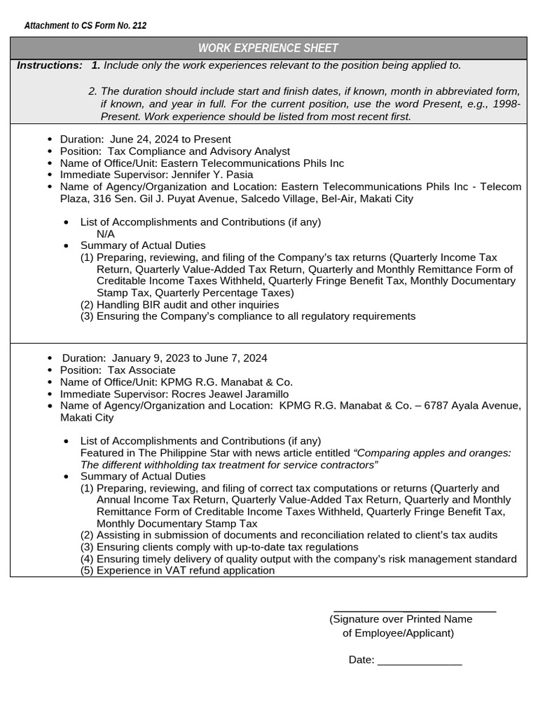 CS Form No. 212 Attachment - Work Experience Sheet | PDF | Taxes ...