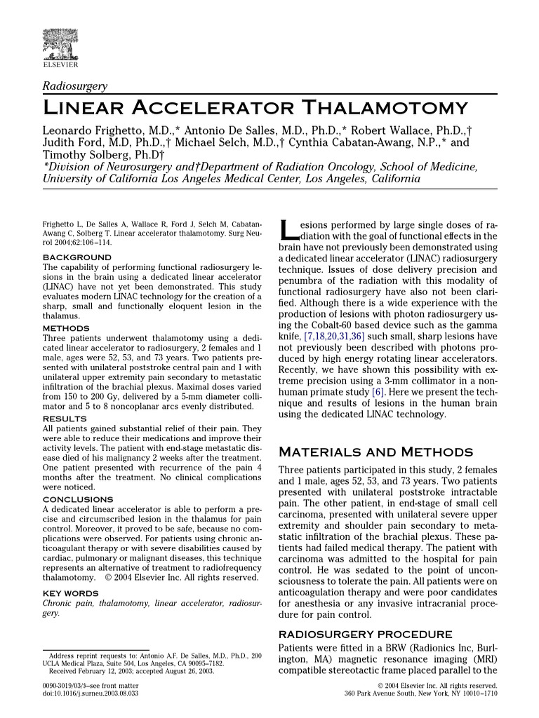 Linear Accelerator Thalamotomy | PDF | Clinical Medicine | Medical ...
