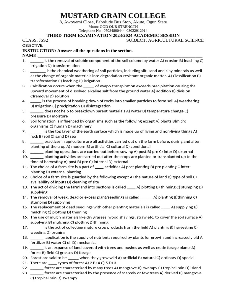 JSS2 3RD Agric TERM EXAM | PDF | Soil | Mulch