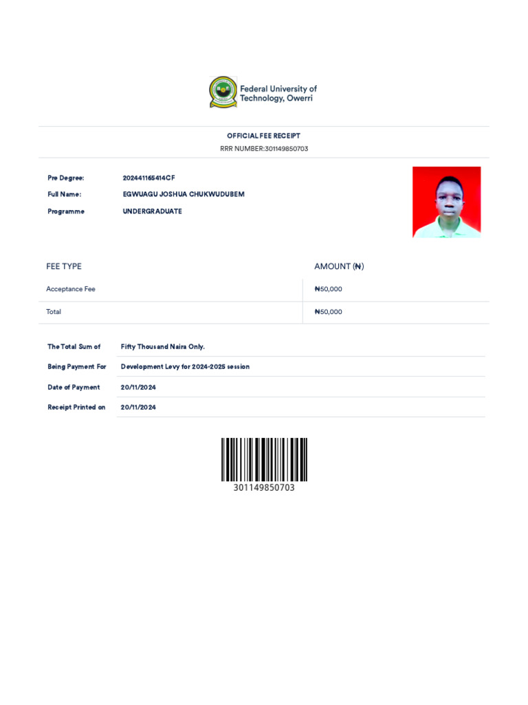 Acceptance Fee Receipt RRR | PDF | Finance & Money Management