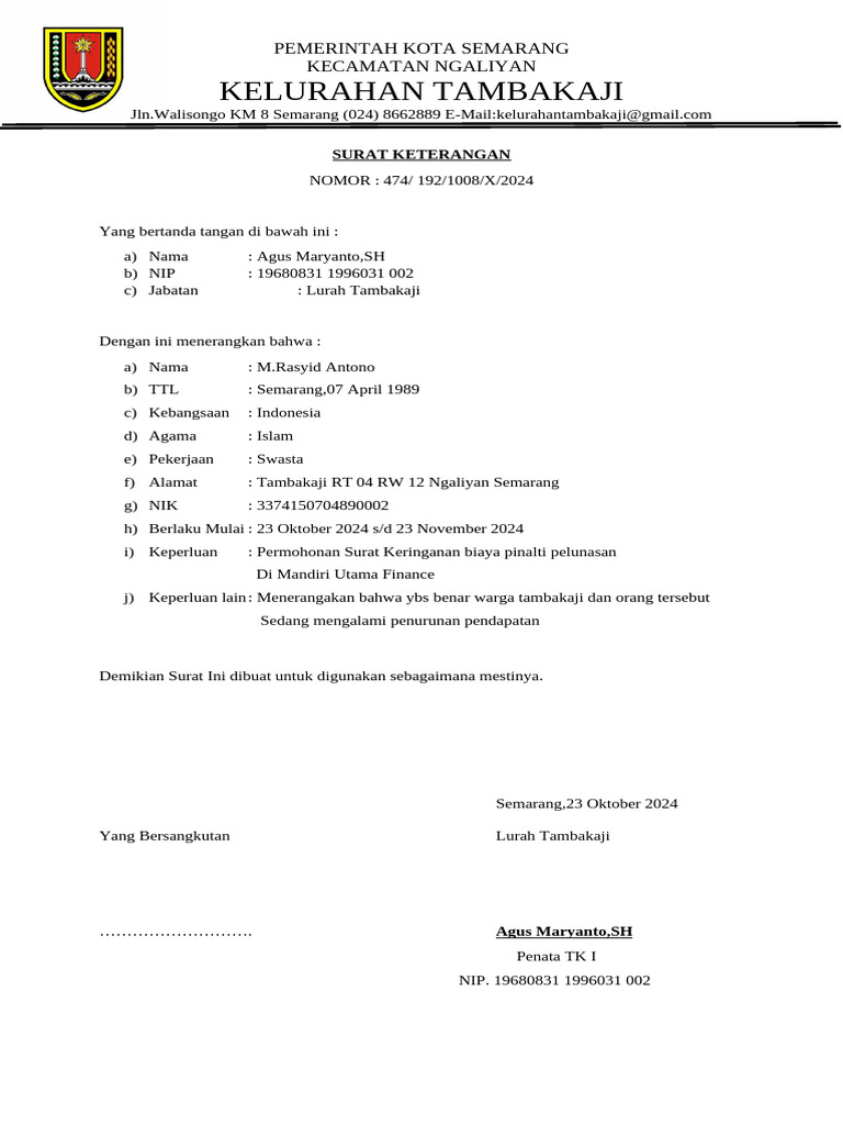 Surat Keterangan Kelurahan | PDF