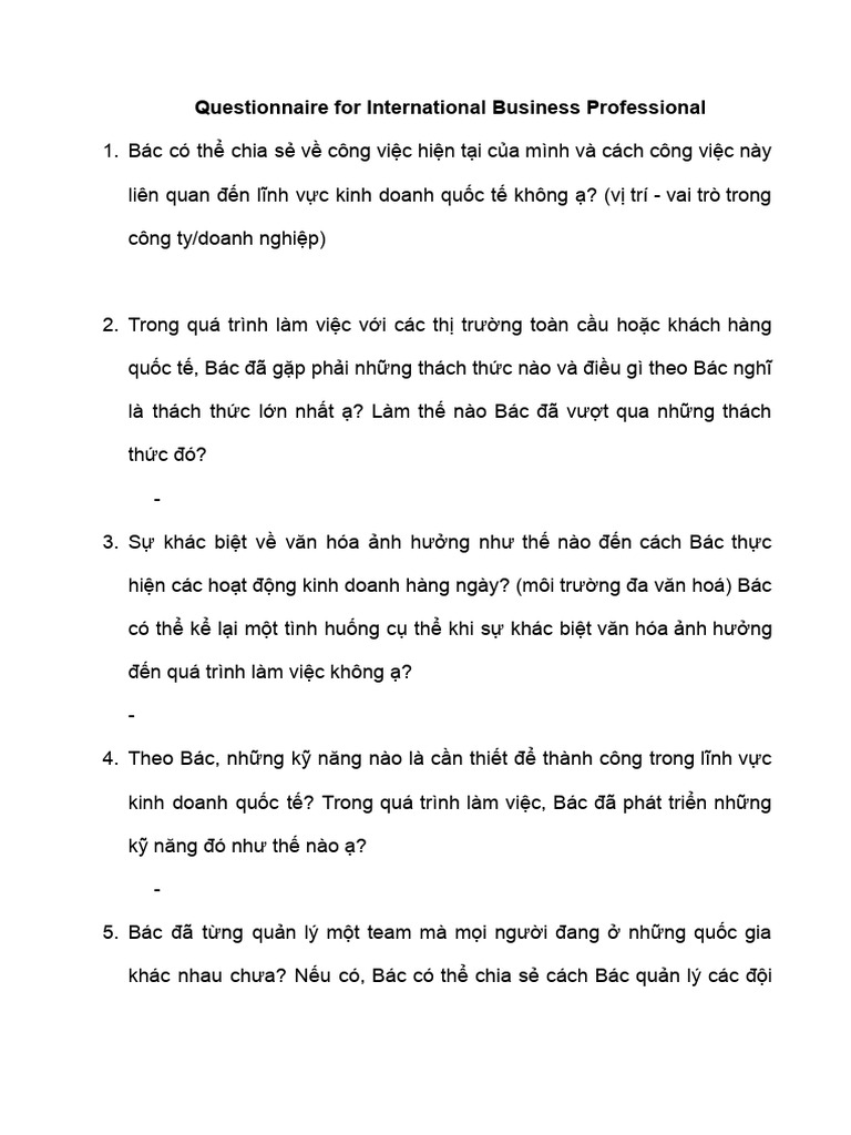 Questionnaire For International Business Professional | PDF