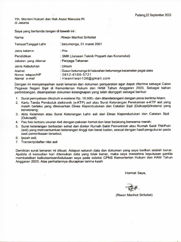 Surat Lamaran CPNS-Riwan Marihot Siritoitet | PDF