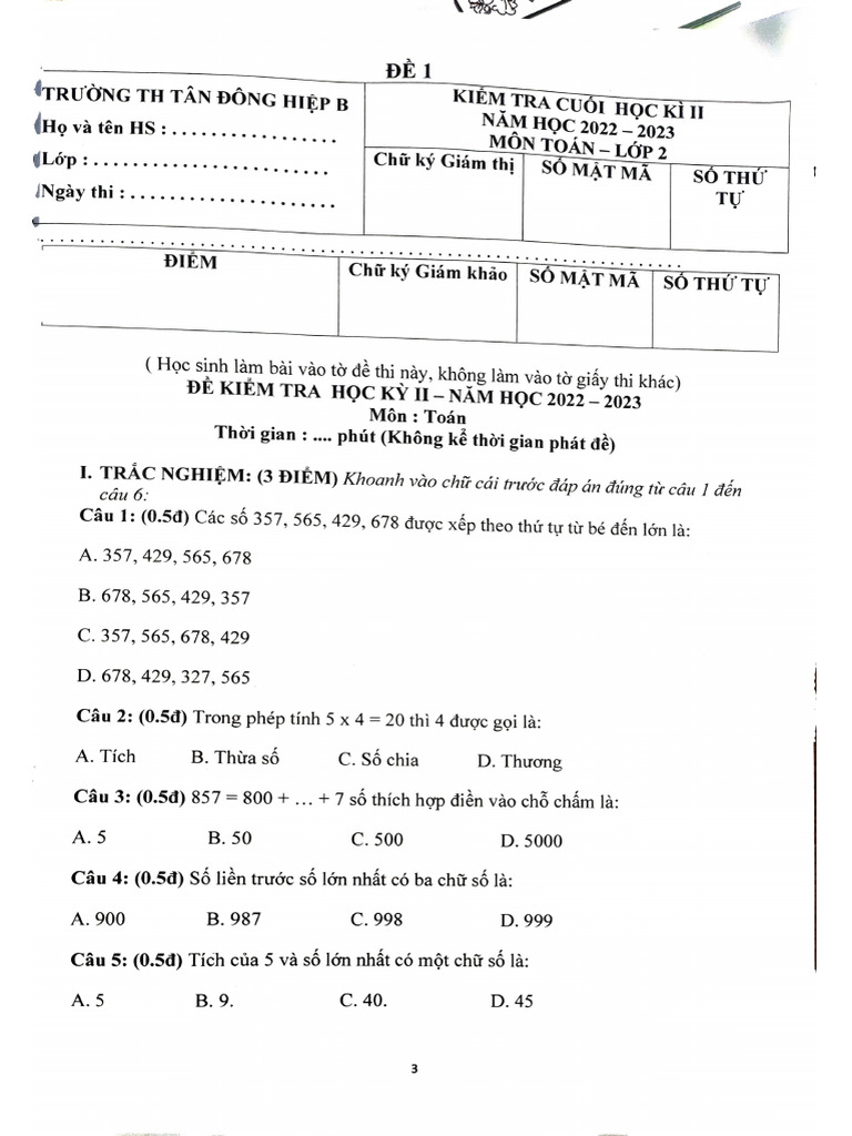 ĐỀ THI HKII TĐHB L2 | PDF
