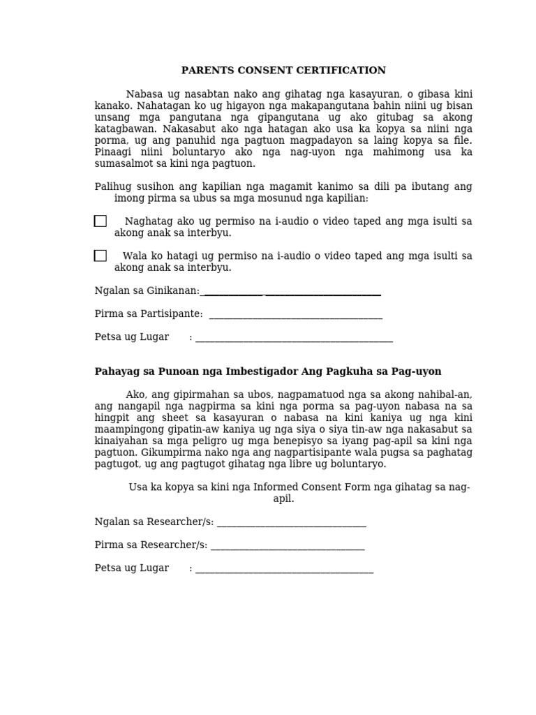 Parents Consent Assent Form Certifications 1 | PDF