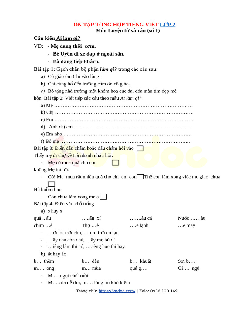 Tong Hop Bai Tap Luyen Tu Va Cau Mon Tieng Viet Lop 2 2 | PDF