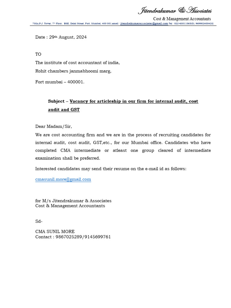 Vacany For Articleship | PDF