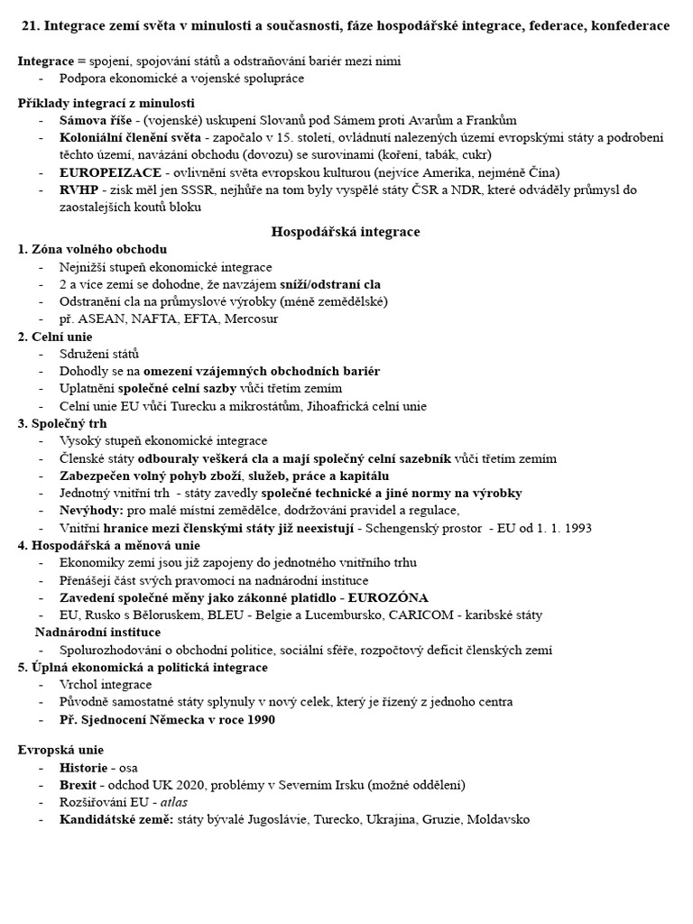 Integrace Zemí Světa V Minulosti A Současnosti Fáze Hospodářské Integrace Federace A Konfederace ...