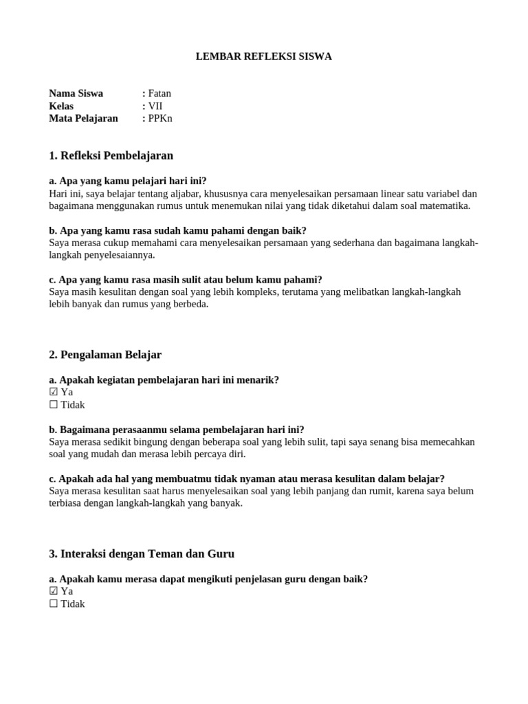 Lembar Refleksi Siswa | PDF