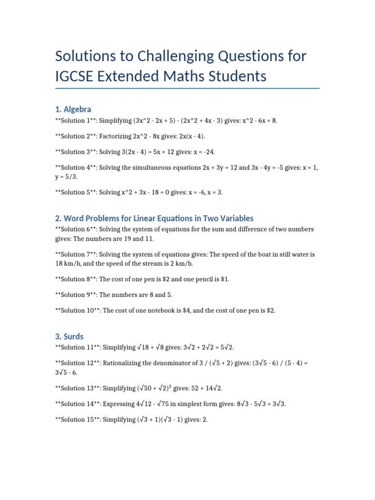 Challenging IGCSE Extended Maths Solutions | PDF | Teaching Methods & Materials | Science ...