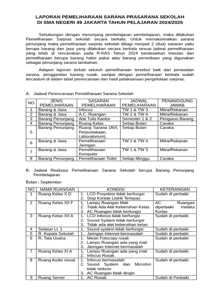 Laporan Pemeliharaan Sarpras SMA 49 | PDF