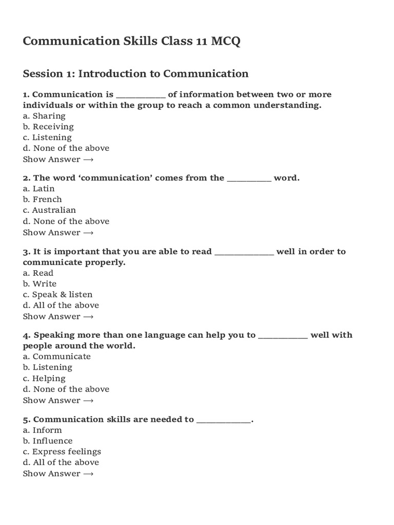 Communication Skills Class 11 MCQ | PDF | Noun | Verb