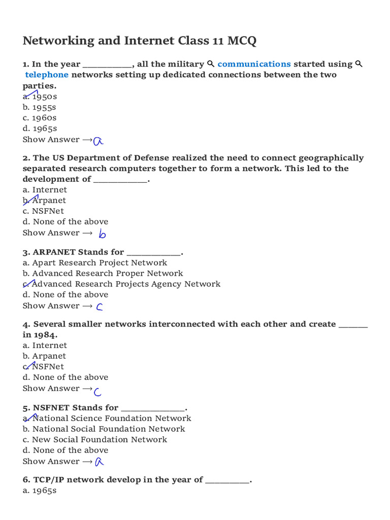 Networking and Internet Class 11 MCQ - Annotated | PDF | Computer Network | Transmission Medium