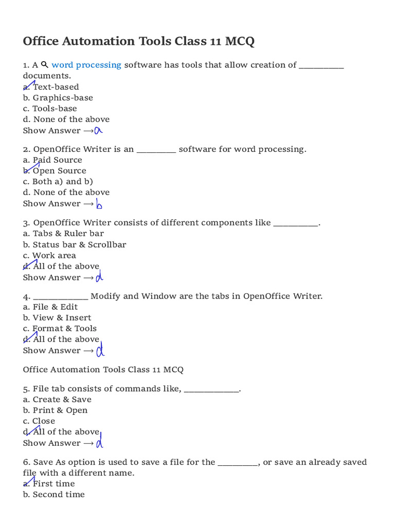 Office Automation Tools Class 11 MCQ - Annotated | PDF | Spreadsheet ...