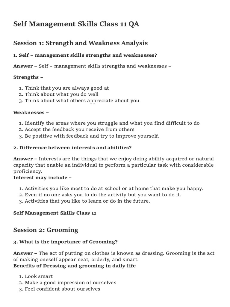Self Management Skills Class 11 QA | PDF | Goal | Motivational