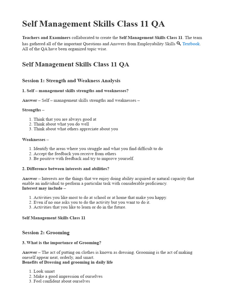 Self Management Skills Class 11 QA Book Back | PDF | Goal ...