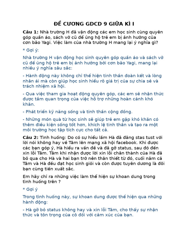 ĐỀ CƯƠNG GDCD 9 GIỮA KÌ I | PDF