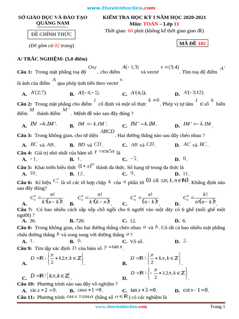 De Thi HK1 Toan Quang Nam 2020 2021 2 | PDF