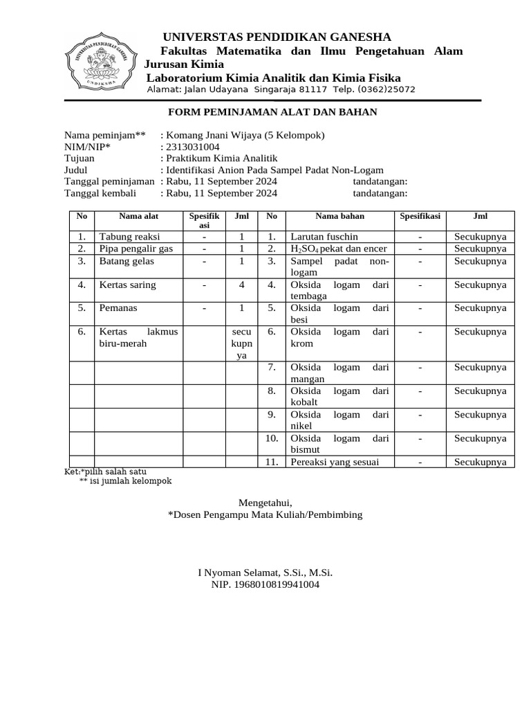 Form Peminjaman Alat Dan Bahan | PDF